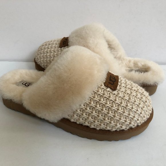UGG | Shoes | Ugg Cozy Knit Cream Shearling Lined Slip On Slippers ...